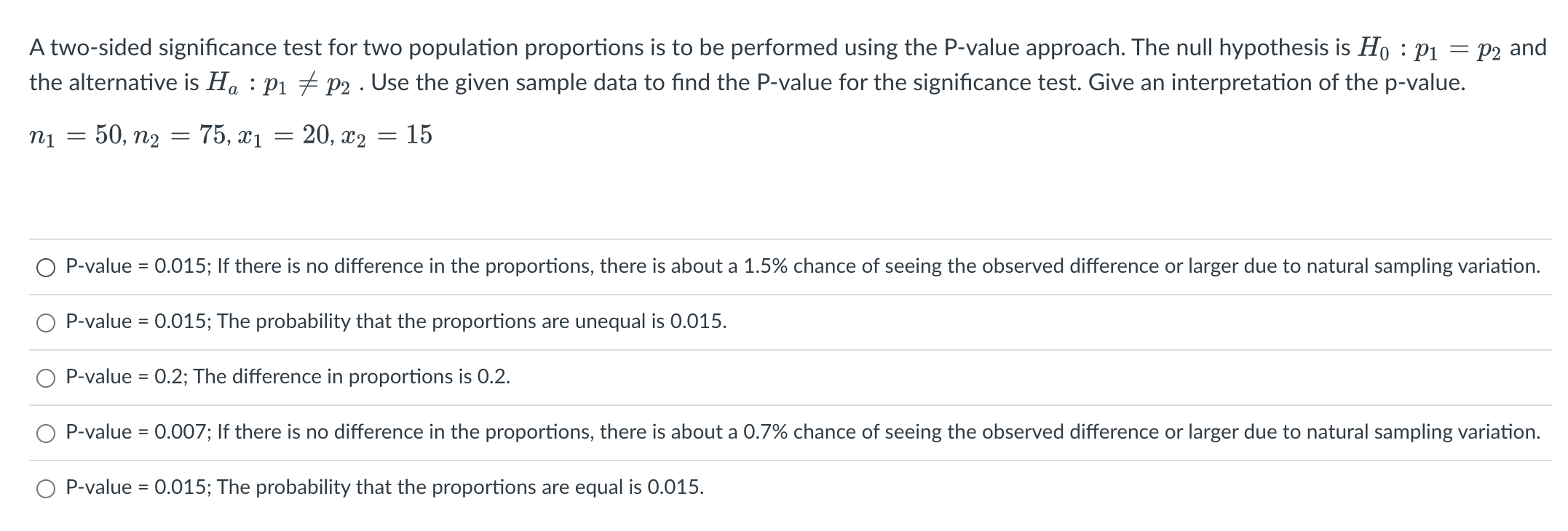 Solved A two-sided significance test for two population | Chegg.com