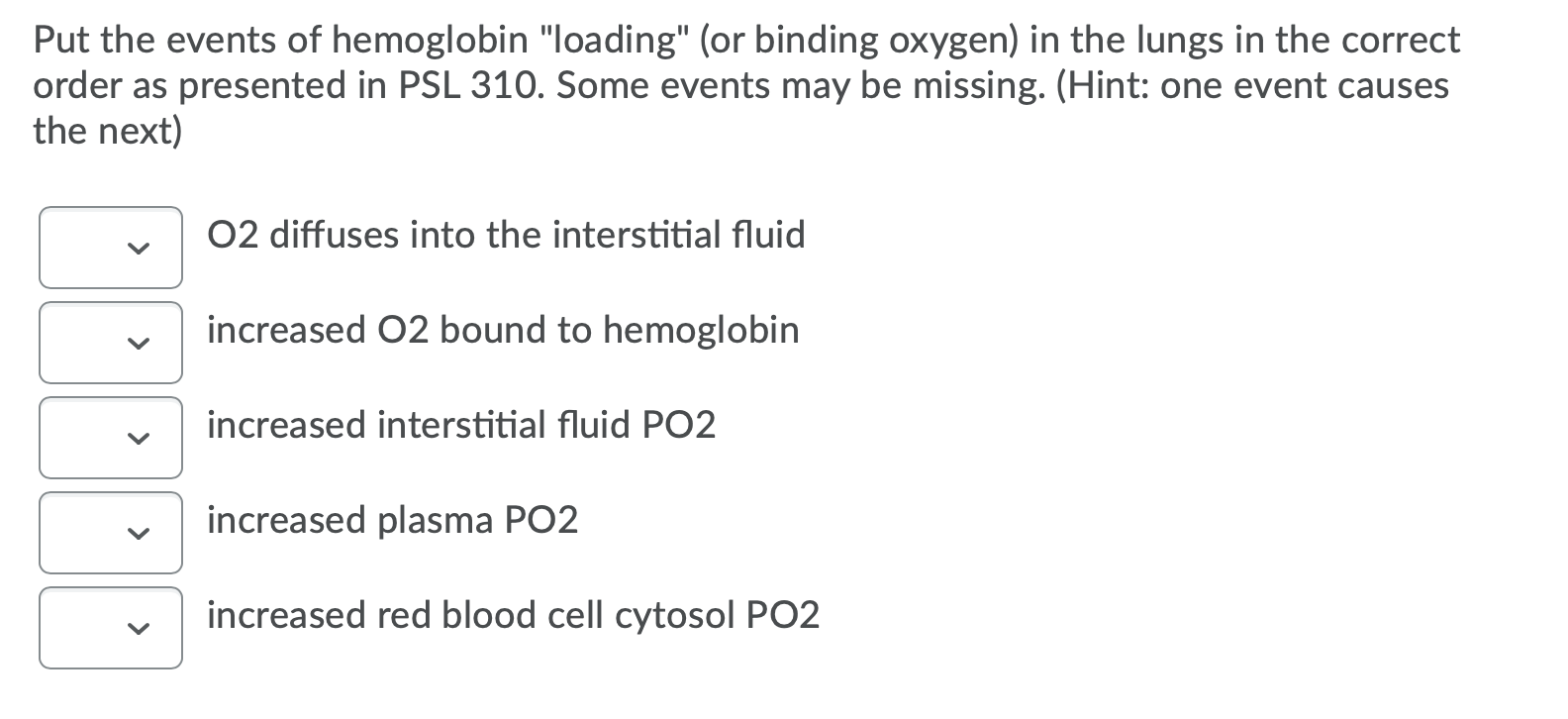 Solved Put the events of hemoglobin "loading" (or binding | Chegg.com