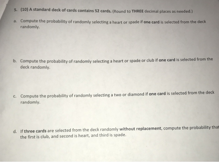Solved 5. (10) A standard deck of cards contains 52 cards. | Chegg.com