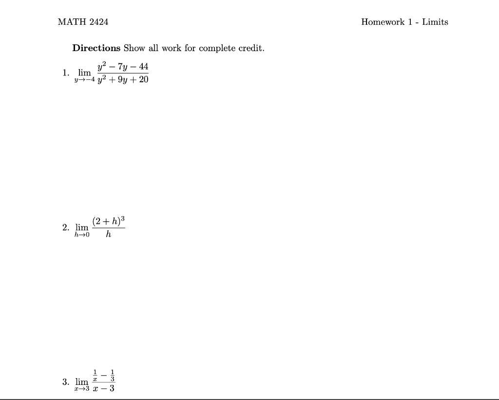Solved MATH 2424 Homework 1 - Limits Directions Show all | Chegg.com