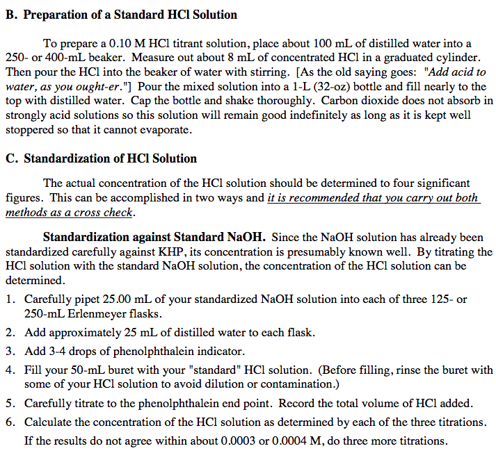 Solved B. Preparation of a Standard HCI Solution To prepare | Chegg.com