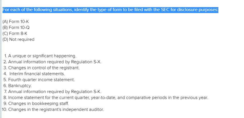 Solved For each of the following situations, identify the | Chegg.com