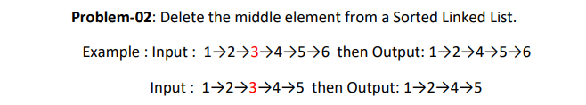 Solved Problem-02: Delete the middle element from a Sorted | Chegg.com