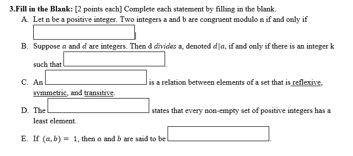 Solved 3.Fill in the Blank: [2 points each] Complete each | Chegg.com