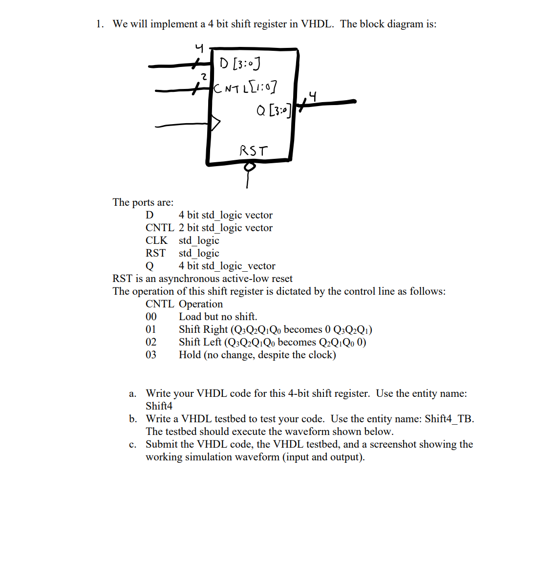 1. We will implement a 4 bit shift register in VHDL. | Chegg.com