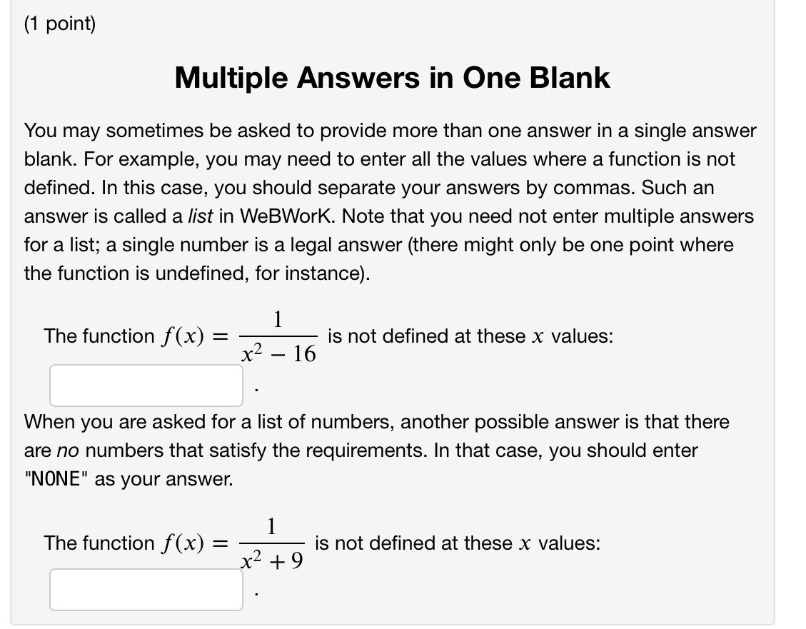 Solved (1 point) Multiple Answers in One Blank You may | Chegg.com