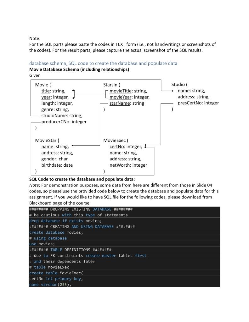 Solved Note: For the SQL parts please paste the codes in | Chegg.com