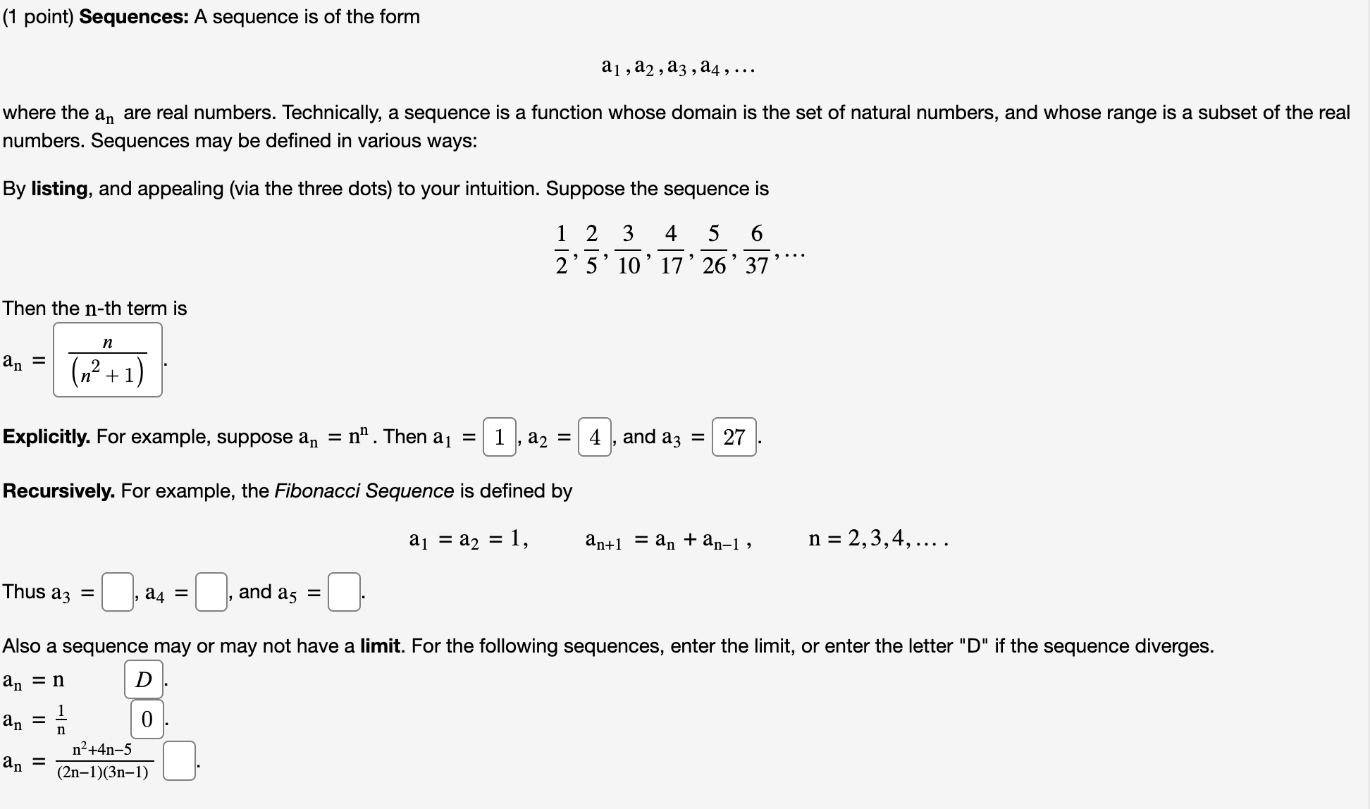 Solved (1 point) Sequences: A sequence is of the form | Chegg.com