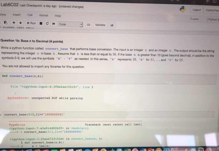 Solved Lab6C02 Last Checkpoint: a day ago (unsaved changes) | Chegg.com