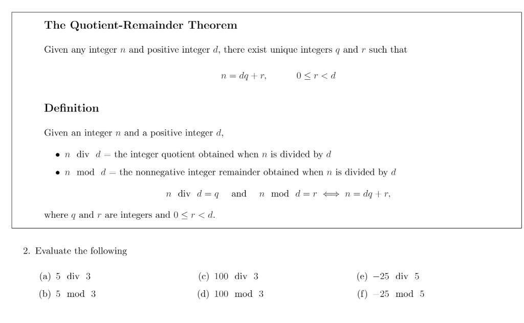 Solved The Quotient-Remainder Theorem Given any integer n | Chegg.com