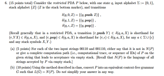 6. (15 points total) Consider the restricted PDA P | Chegg.com