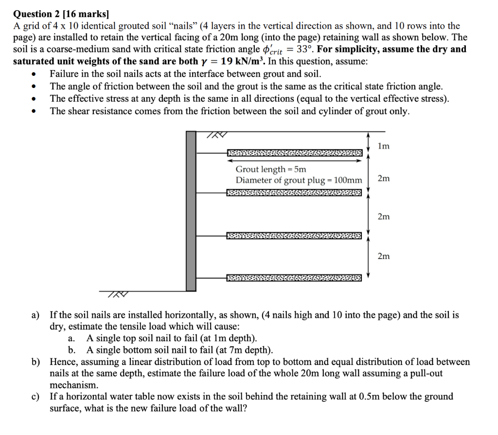 Solved A grid of 4 x 10 identical grouted soil “nails” (4 | Chegg.com