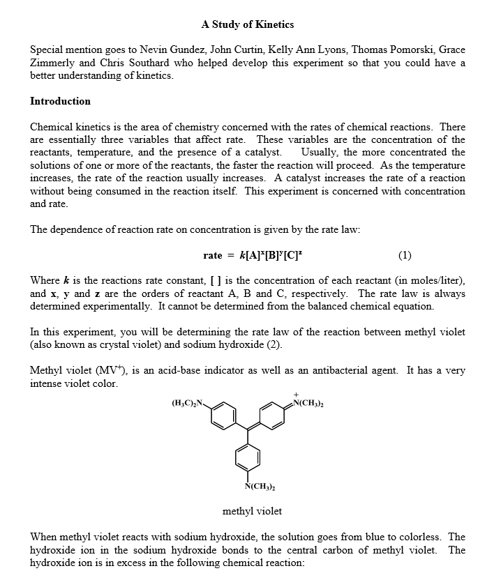 Solved A Study of Kinetics Prelab 1. What is the purpose of | Chegg.com