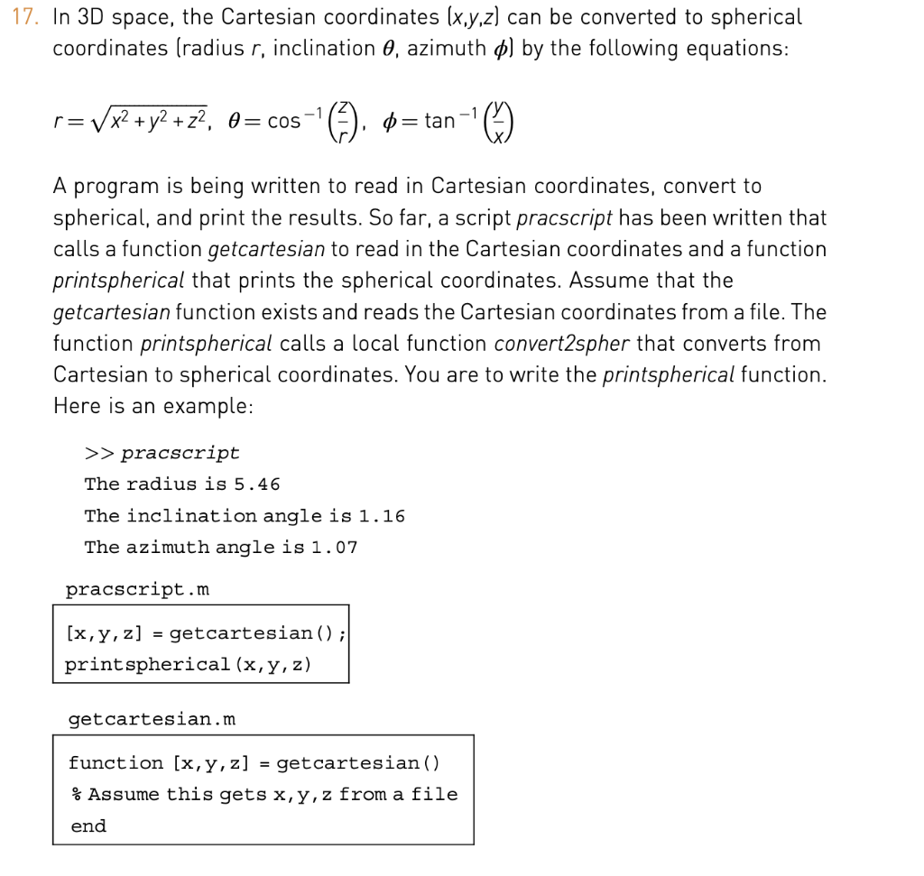 Solved 17 3d Space Cartesian Coordinates X Y Z Converted Spherical