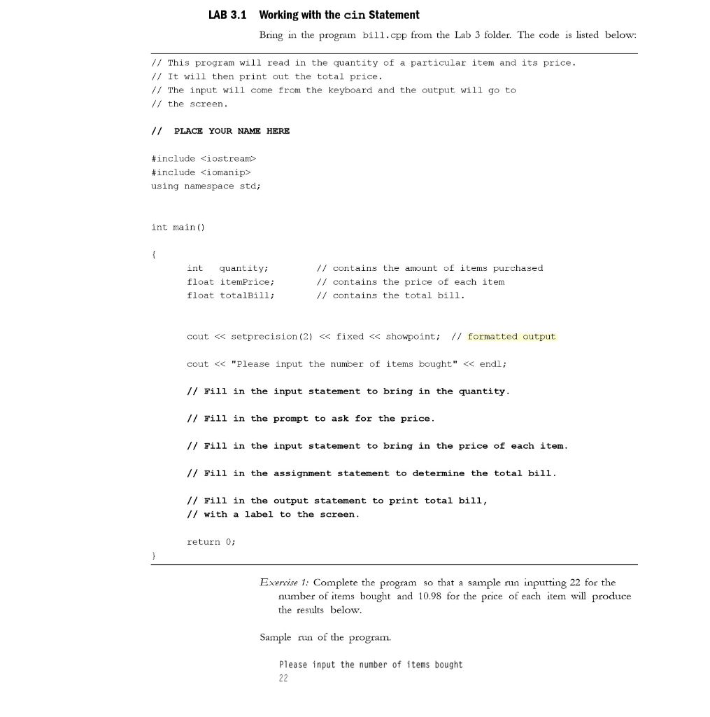Solved LAB 3.1 Working with the cin Statement Bring in the | Chegg.com
