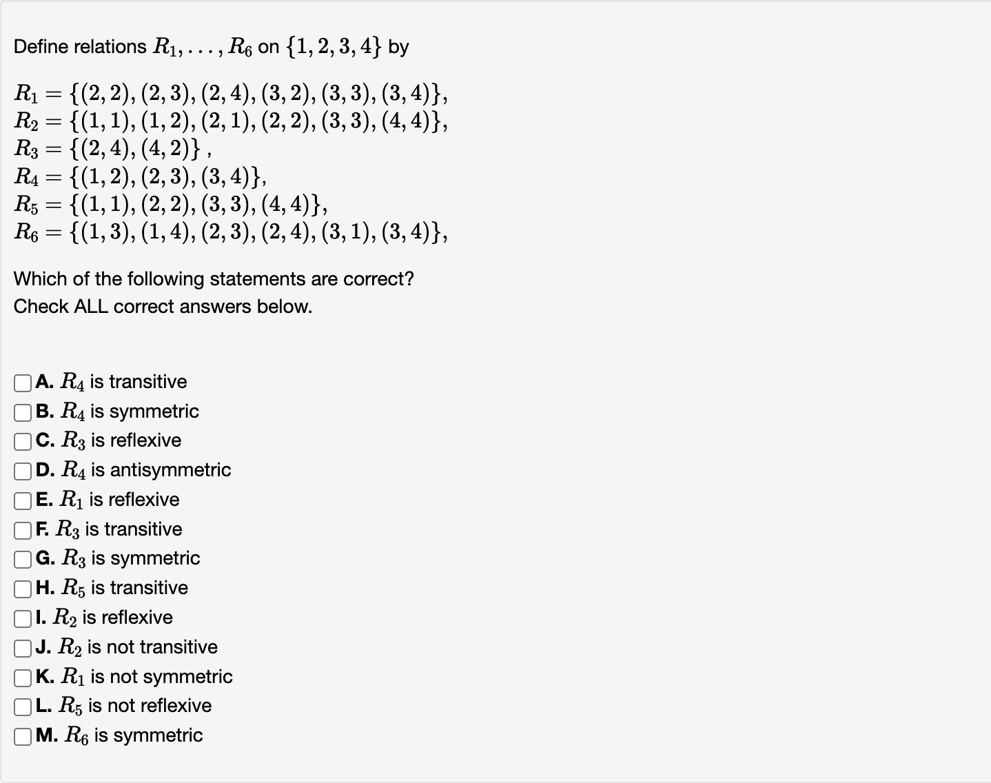 Solved Define relations R1,…,R6 on {1,2,3,4} by | Chegg.com