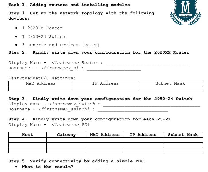 Solved M MT VIRTUAL . Task 1. Adding routers and installing | Chegg.com