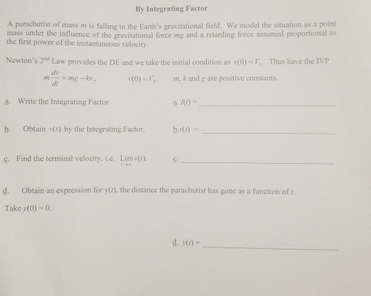 Solved By Integrating Factor A parachutist of mass m is | Chegg.com