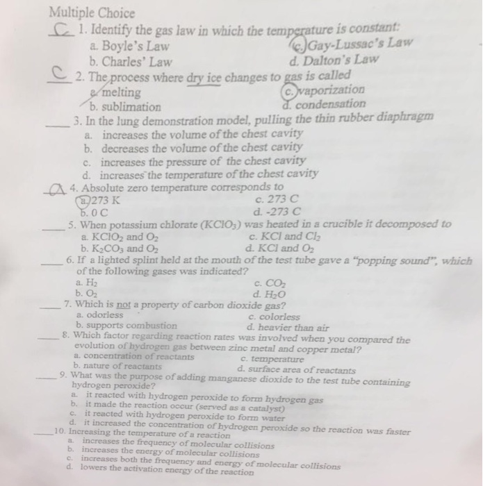 Solved Multiple Choice 1. Identify the gas law in which the | Chegg.com