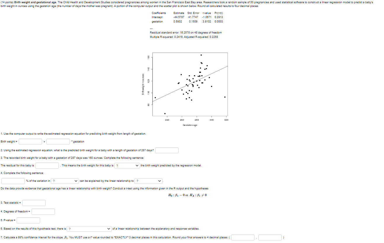 Solved (14 points) Birth weight and gestational age. The | Chegg.com