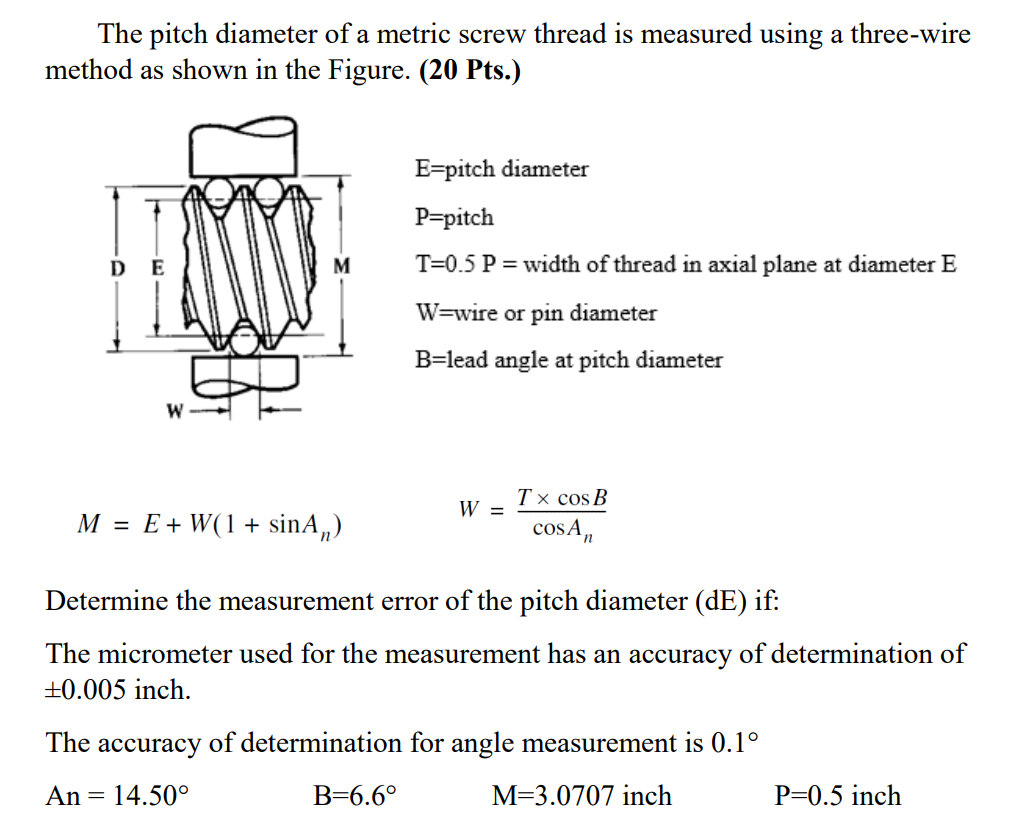 Solved The pitch diameter of a metric screw thread is | Chegg.com