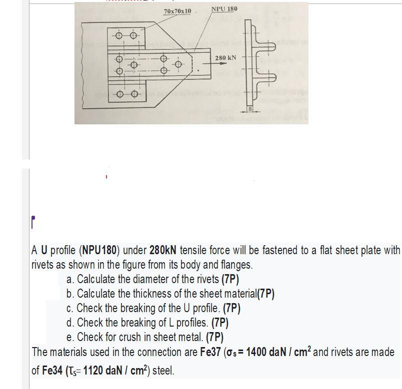 Solved 70x70x10 NPU 180 6 280 KN o الال A U profile (NPU180) | Chegg.com