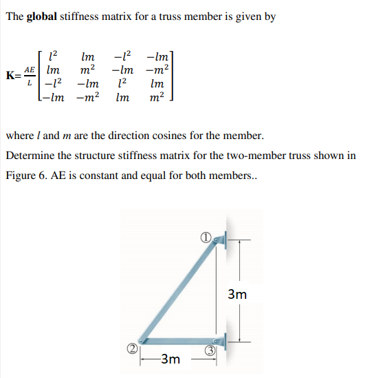 Solved The global stiffness matrix for a truss member is | Chegg.com