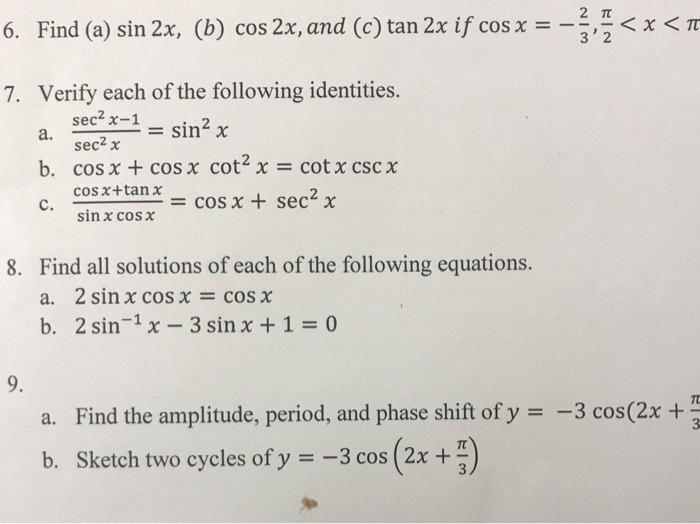 Solved Find (a) sin 2x, (b) cos 2x, and (c) tan 2x if cos x | Chegg.com