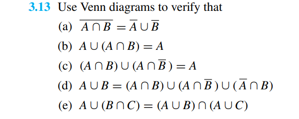 Solved 3.13 Use Venn diagrams to verify that (a) A∩B=Aˉ∪Bˉ | Chegg.com
