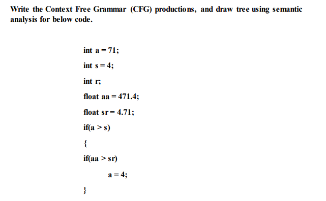 Solved Write the Context Free Grammar (CFG) productions, and | Chegg.com