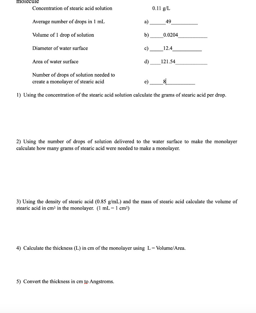 Solved molecule Concentration of stearic acid solution 0.11 | Chegg.com