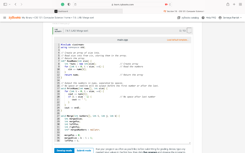 Solved 7.6 LAB: Merge sort The program is the same as shown | Chegg.com