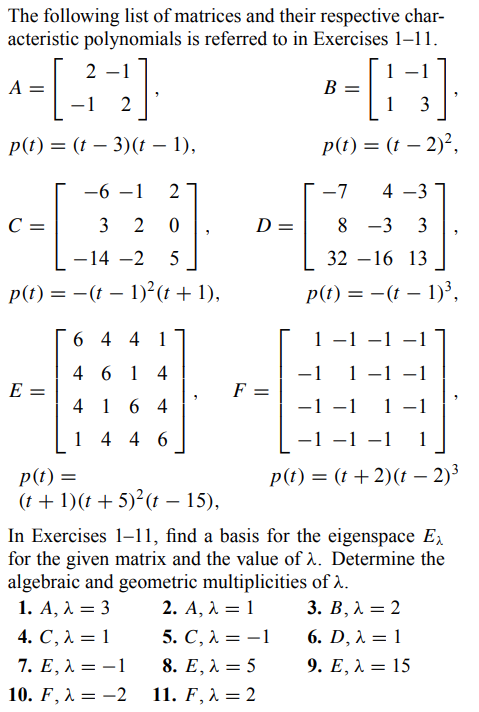 Solved The following list of matrices and their respective | Chegg.com