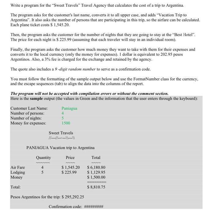 Solved Write a program for the "Sweet Travels" Travel Agency | Chegg.com