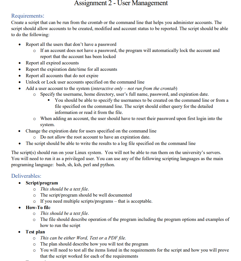Assignment 2 - User Management Requirements: Create a | Chegg.com