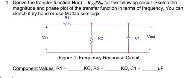 Solved 1. Derive the transfer function H(ω)=Vout /Vin for | Chegg.com