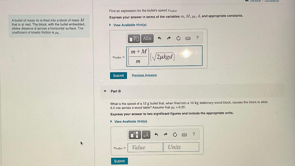 Solved Find an expression for the bullet's speed vbullet . A | Chegg.com
