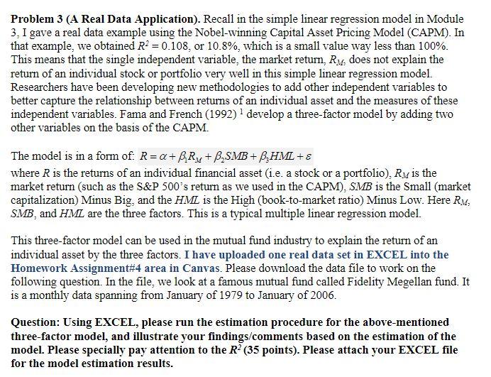 Problem 3 (A Real Data Application). Recall in the | Chegg.com