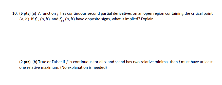 Solved 10. (5 pts) (a) A function f has continuous second | Chegg.com