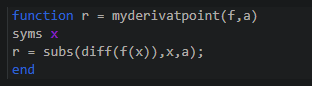 Solved function r= myderivatpoint (f,a) syms x | Chegg.com