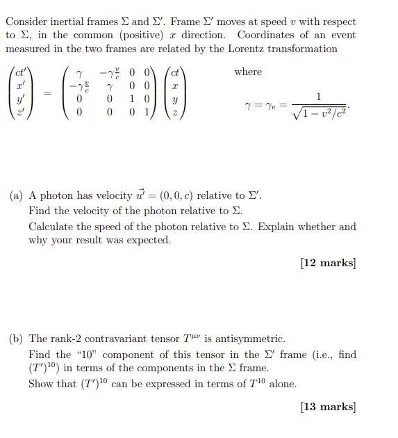 Solved Consider inertial frames and I'. Frame S' moves at | Chegg.com