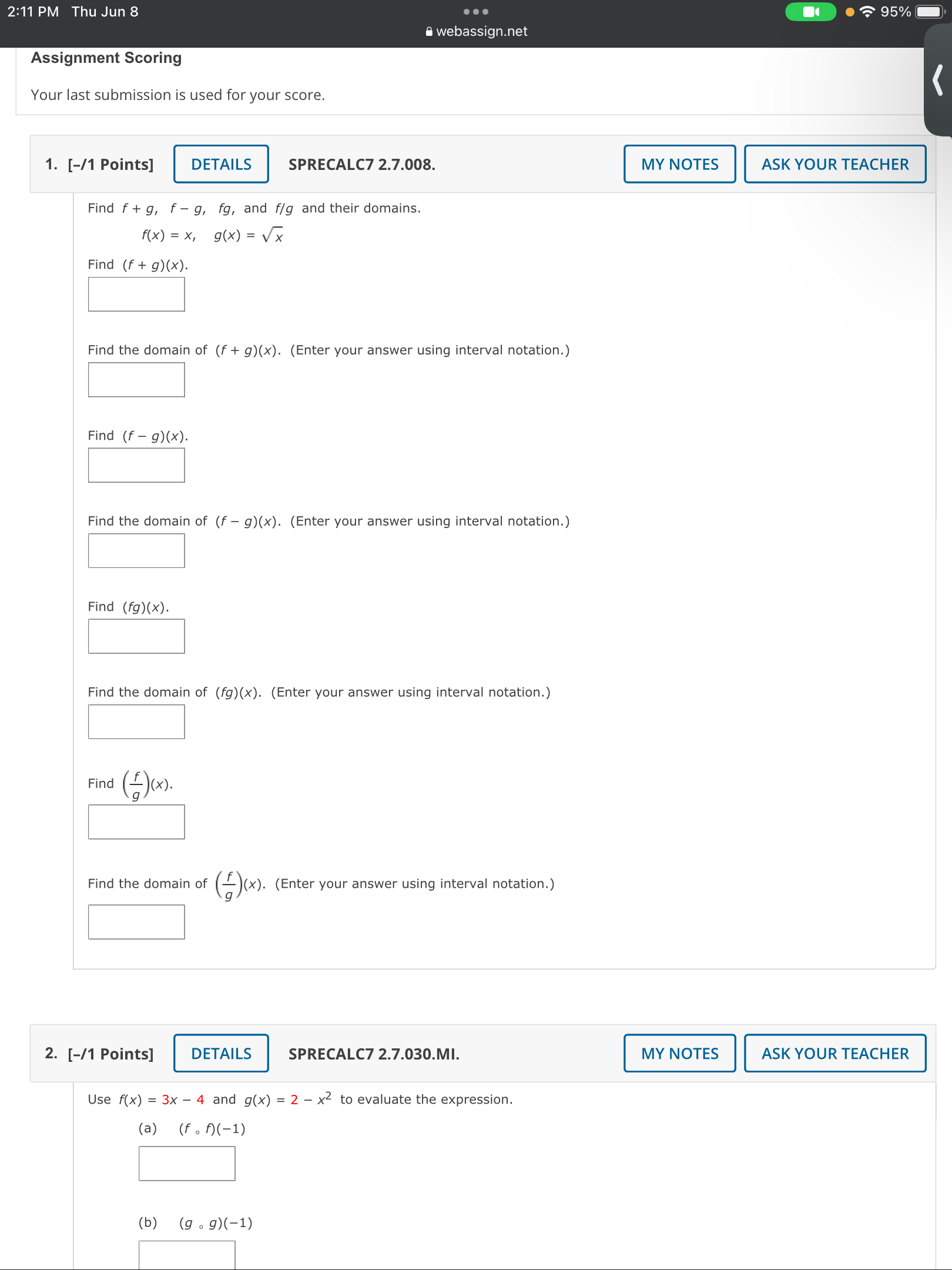 Solved Find f+g,f−g,fg, and f/g and their domains. | Chegg.com