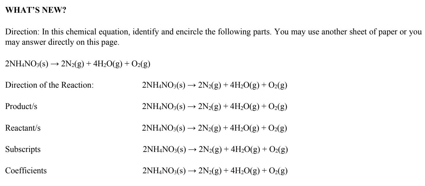 Solved WHAT'S NEW? Direction: In this chemical equation, | Chegg.com