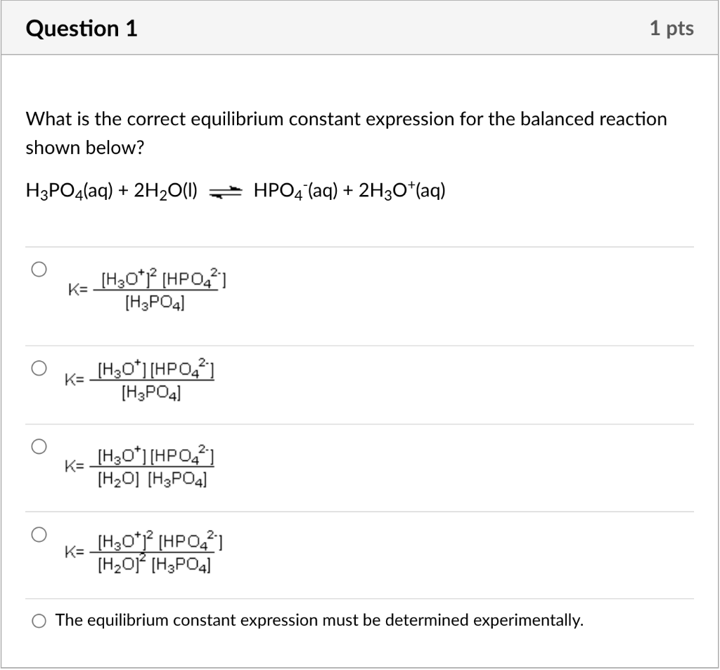 Solved What is the correct equilibrium constant expression | Chegg.com
