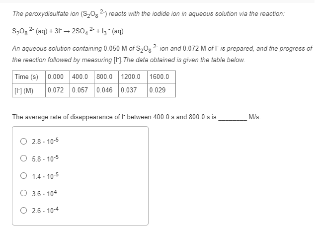 Solved The peroxydisulfate ion (S2O82−) reacts with the | Chegg.com