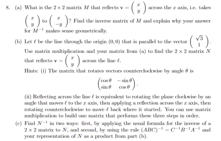 Solved (a) What is the 2×2 matrix M that reflects v=(xy) | Chegg.com