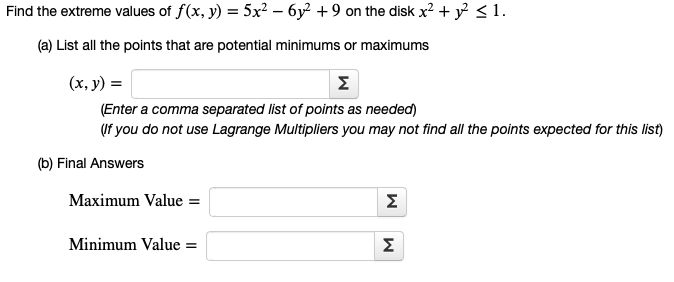 Solved Find the extreme values of f(x, y) = 5x2 – 6y2 + 9 on | Chegg.com
