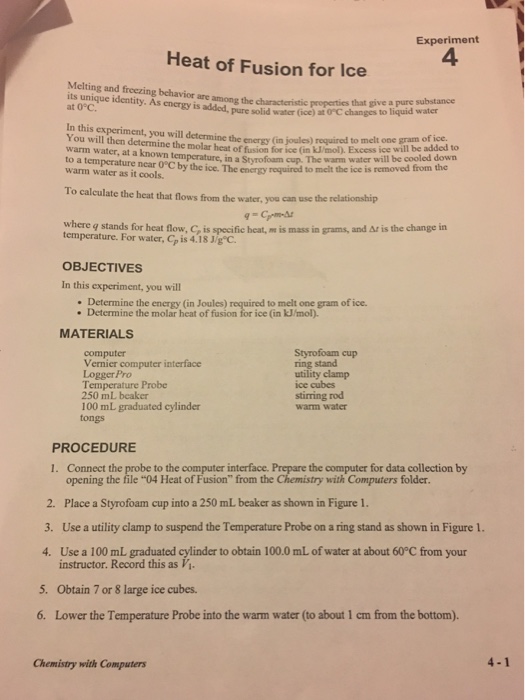 Solved Experiment Heat of Fusion for Ice 4 Melting and | Chegg.com