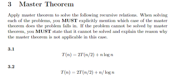 Solved 3 Master Theorem Apply master theorem to solve the | Chegg.com