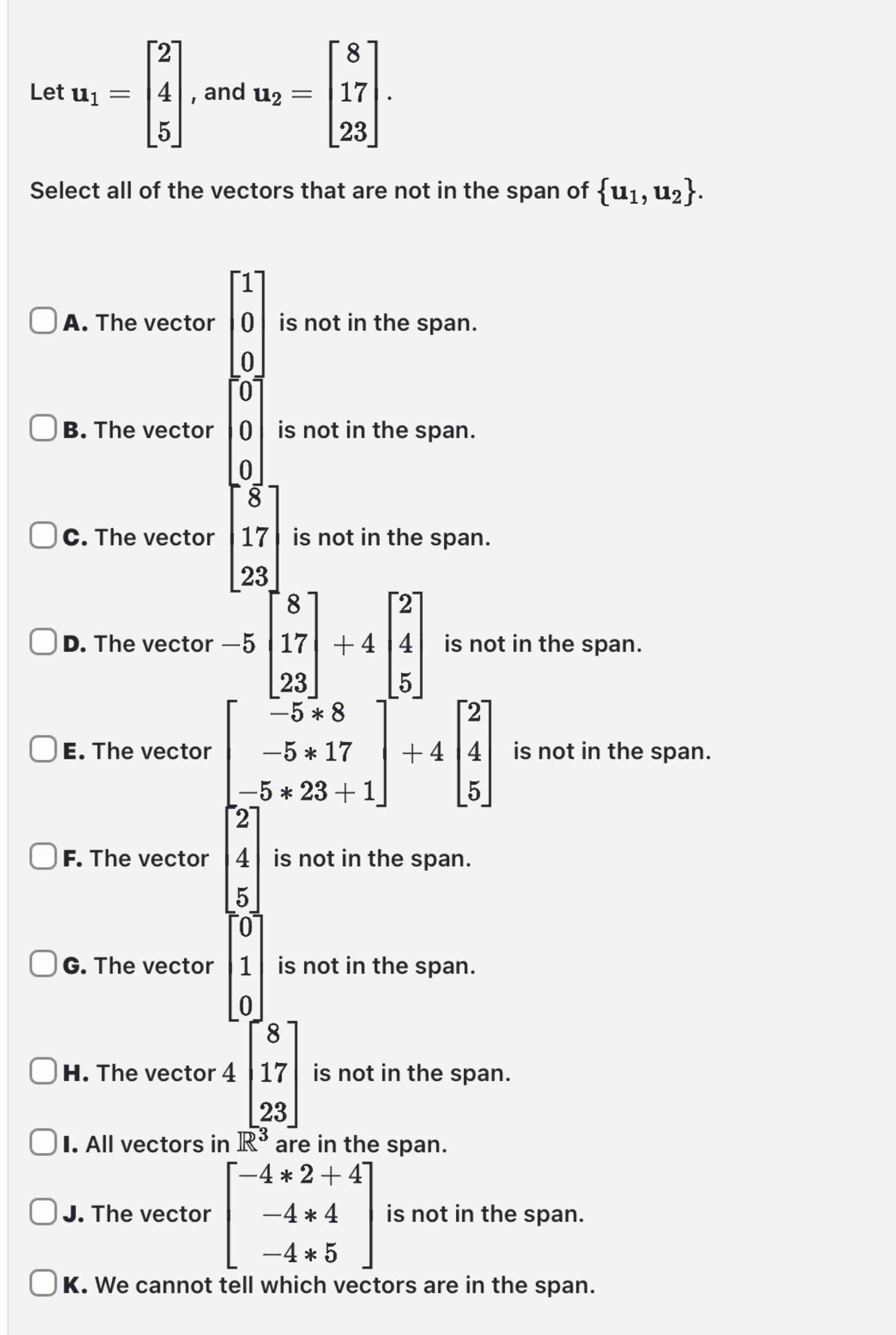 oLet u1=[245], ﻿and u2=[81723].Select all of ﻿the | Chegg.com